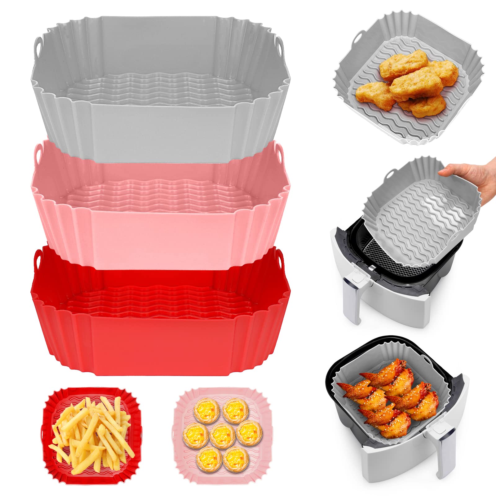 MMH 3PCs Square Air Fryer Silicone Liners for 5-8QT Airfryers, Reusable & Durable Airfryer Pot Inserts Replacement for Oven Microwave Accessories | Easy Cleaning | Reduces Mess