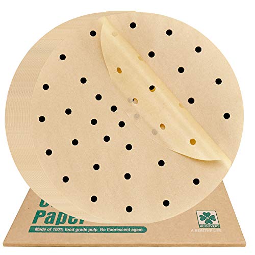 Air Fryer Parchment Paper for Baking Bamboo Steamer Liners 9 Inch 100Pcs Unbleached Circular Perforated Parchment Paper Non-stick Steamer Mat for Baking/Steaming/Cooking with Silicone Paper