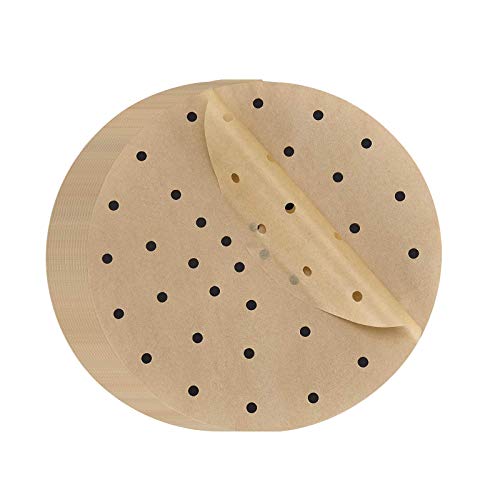 Air Fryer Parchment Paper for Baking Bamboo Steamer Liners 9 Inch 100Pcs Unbleached Circular Perforated Parchment Paper Non-stick Steamer Mat for Baking/Steaming/Cooking with Silicone Paper