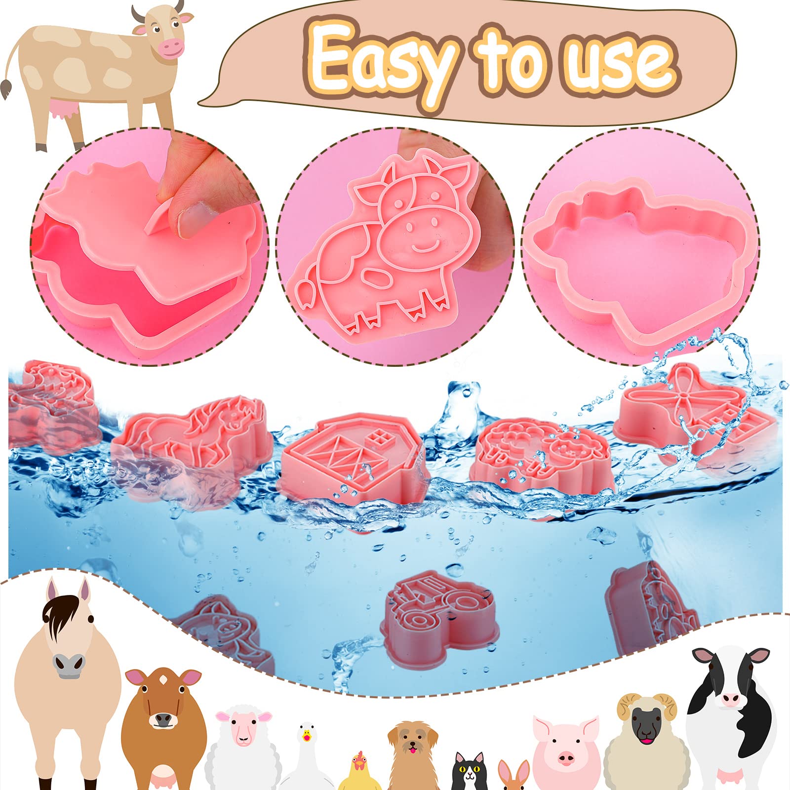 8 Pcs Farm Animal Cookie Cutters with Plunger Stamps Set 3D Pig Chicken Sheep Cow Horse Truck Cookie Stamp and Cutter Funny Cartoon Farm Theme Biscuit Baking Mold for Treats DIY Cookie Cake Supplies