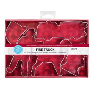 r&m international fire truck cookie cutters, firefighter, truck, helmet, hydrant, dog, 5-piece set