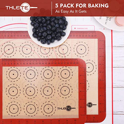 THLEITE Non Stick Silicone Baking Mat - Macaron Silicone Baking Mat & Pastry Mat with Measurement (5-Piece Set), 2 Half Sheet + 2 Quarter Sheet + 1 Pastry Mat - Macaroon/Pastry/Pizza/Cookie Making