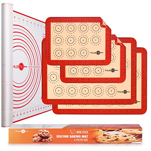 THLEITE Non Stick Silicone Baking Mat - Macaron Silicone Baking Mat & Pastry Mat with Measurement (5-Piece Set), 2 Half Sheet + 2 Quarter Sheet + 1 Pastry Mat - Macaroon/Pastry/Pizza/Cookie Making