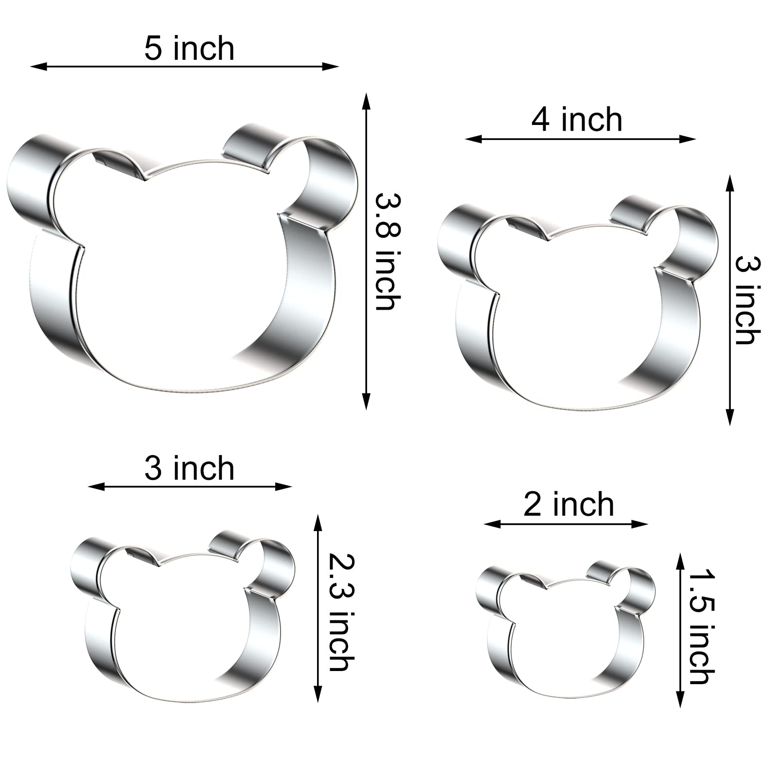 Teddy Bear Head Cookie Cutter Set Large - 5", 4", 3", 2" - 4 Piece Polar Bear, Koala, Panda Face Cookie Cutters - Stainless Steel