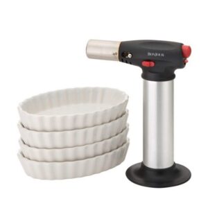 bonjour chef's tools butane crème brûlée torch and porcelain ramekin set, 5-piece, stainless steel, one size - 53489