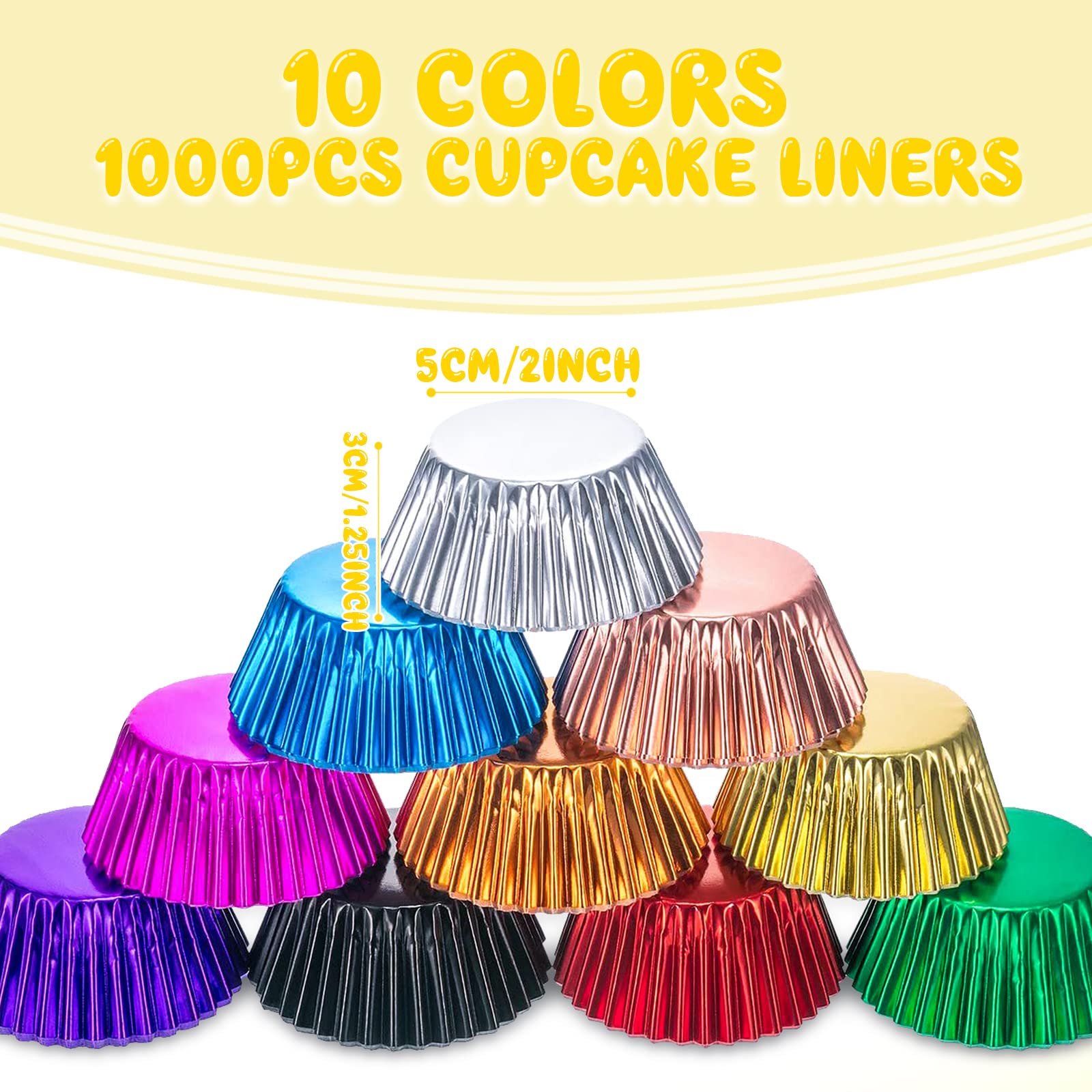 1000 Count Cupcake Liners Standard Size 2 Inch Metallic Cupcake Wrappers Cups Muffin Baking Cups for Weddings Birthdays Baby Showers Party(Various Color,2 x 1.25 Inch)