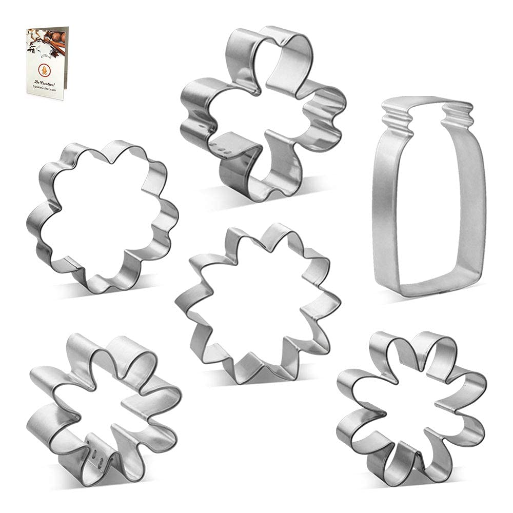 Foose Brand Mothers Day Cookie Cutter 6 Piece Set with Recipe Card, Made in USA, 4.5 in Mason Jar 3.75 in Hibiscus 3.25 in Daisy 3.25 in Sunflower 2.5 in Dogwood Blossom 2 in Daisy