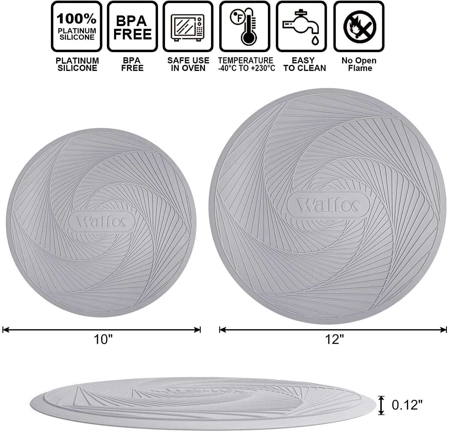 Silicone Microwave Mats, Walfos Heat Resistant Multi-Purpose Microwave Trivet Mat, Non-Slip, BPA Free and Dishwasher Safe, Perfect for Microwave, Oven, Hot Pan, Set of 2, Grey