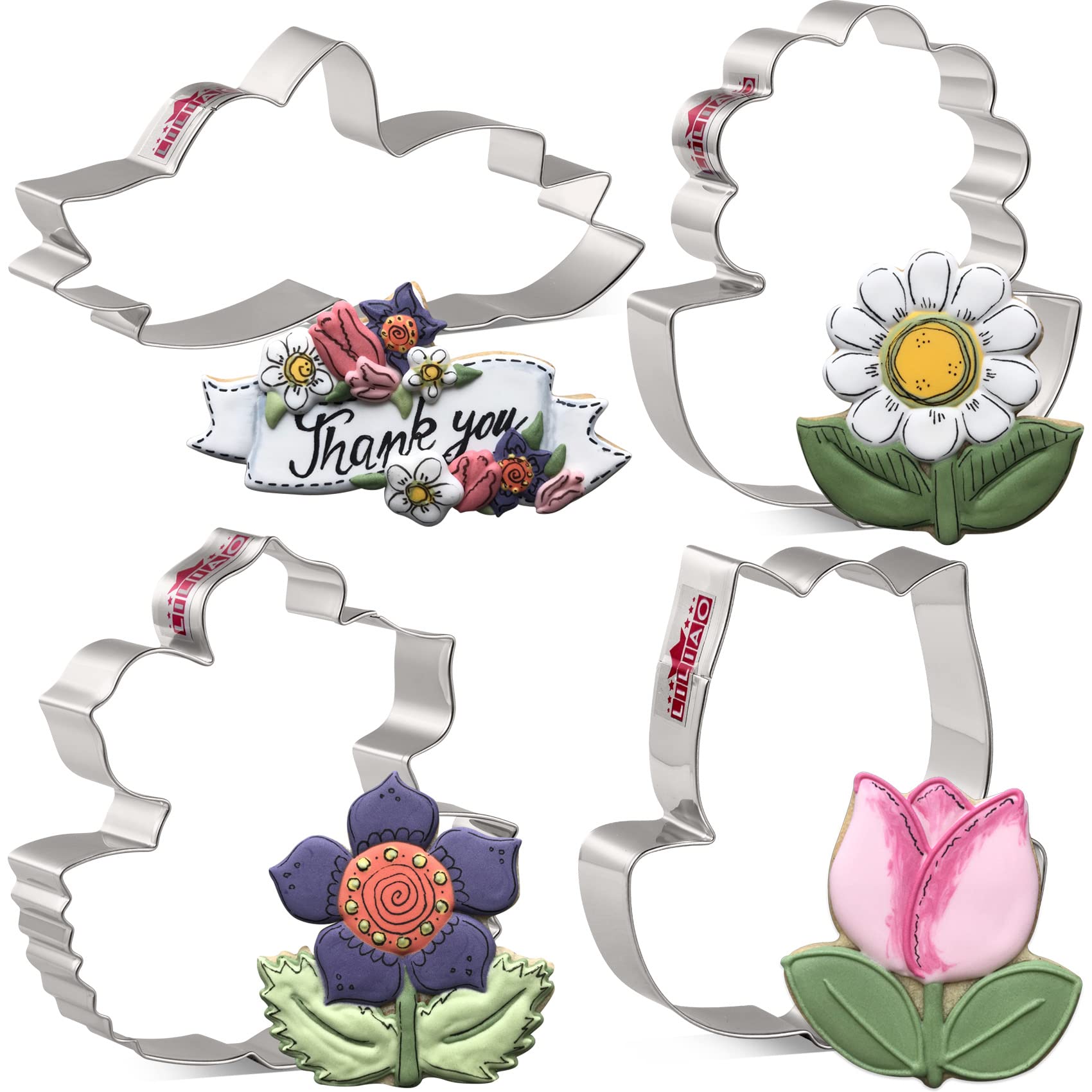 LILIAO Flowers Cookie Cutter Set - 4 Piece - Tulip, Daisy Flower, Kapok and Plaque Biscuit Fondant Cutter - Stainless Steel - by Janka