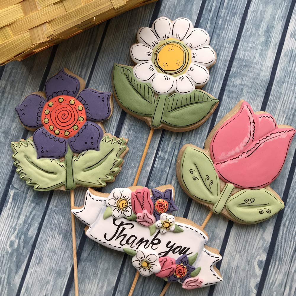 LILIAO Flowers Cookie Cutter Set - 4 Piece - Tulip, Daisy Flower, Kapok and Plaque Biscuit Fondant Cutter - Stainless Steel - by Janka