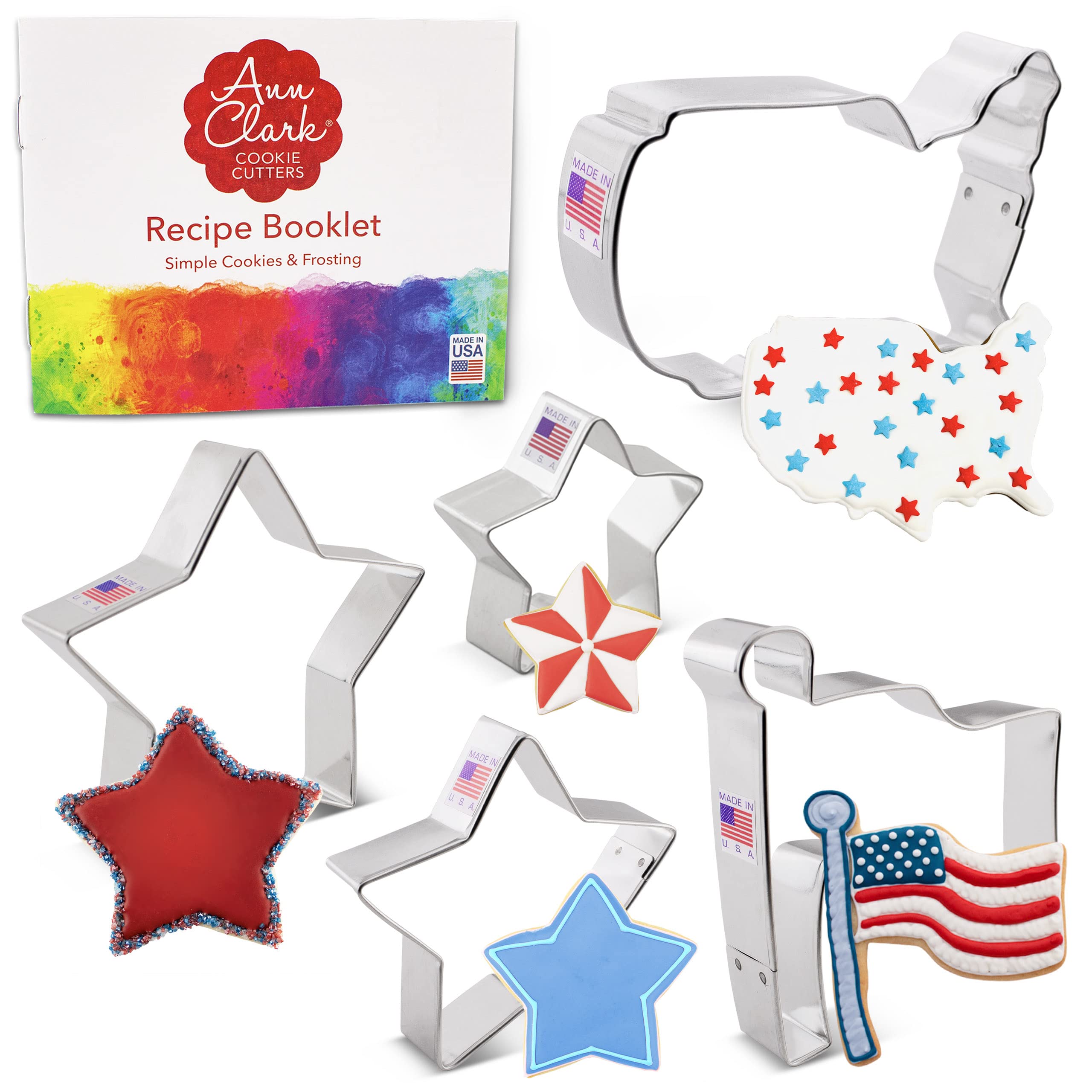 4th of July Memorial Day Patriotic Cookie Cutters 5-Pc. Made in USA by Ann Clark, Stars, Flag, America Map