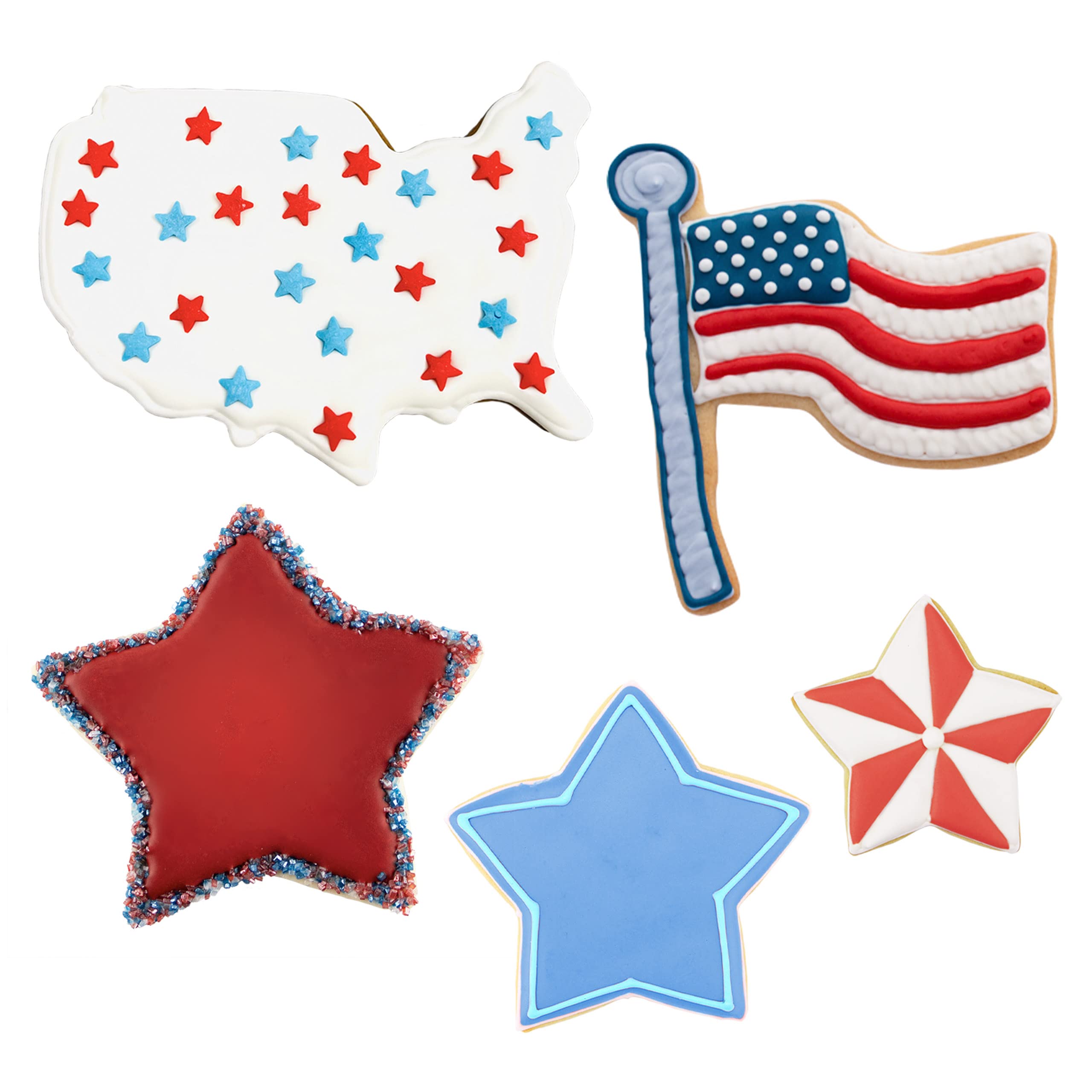 4th of July Memorial Day Patriotic Cookie Cutters 5-Pc. Made in USA by Ann Clark, Stars, Flag, America Map