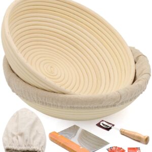 10" Round Banneton Bread Proofing Basket 2 Set, Sourdough Proofing Bowl Kit, Gifts for Artisan Bread Making Starter, Includes Linen Liner, Metal Dough Scraper, Bread Lame & Case, Extra Blades