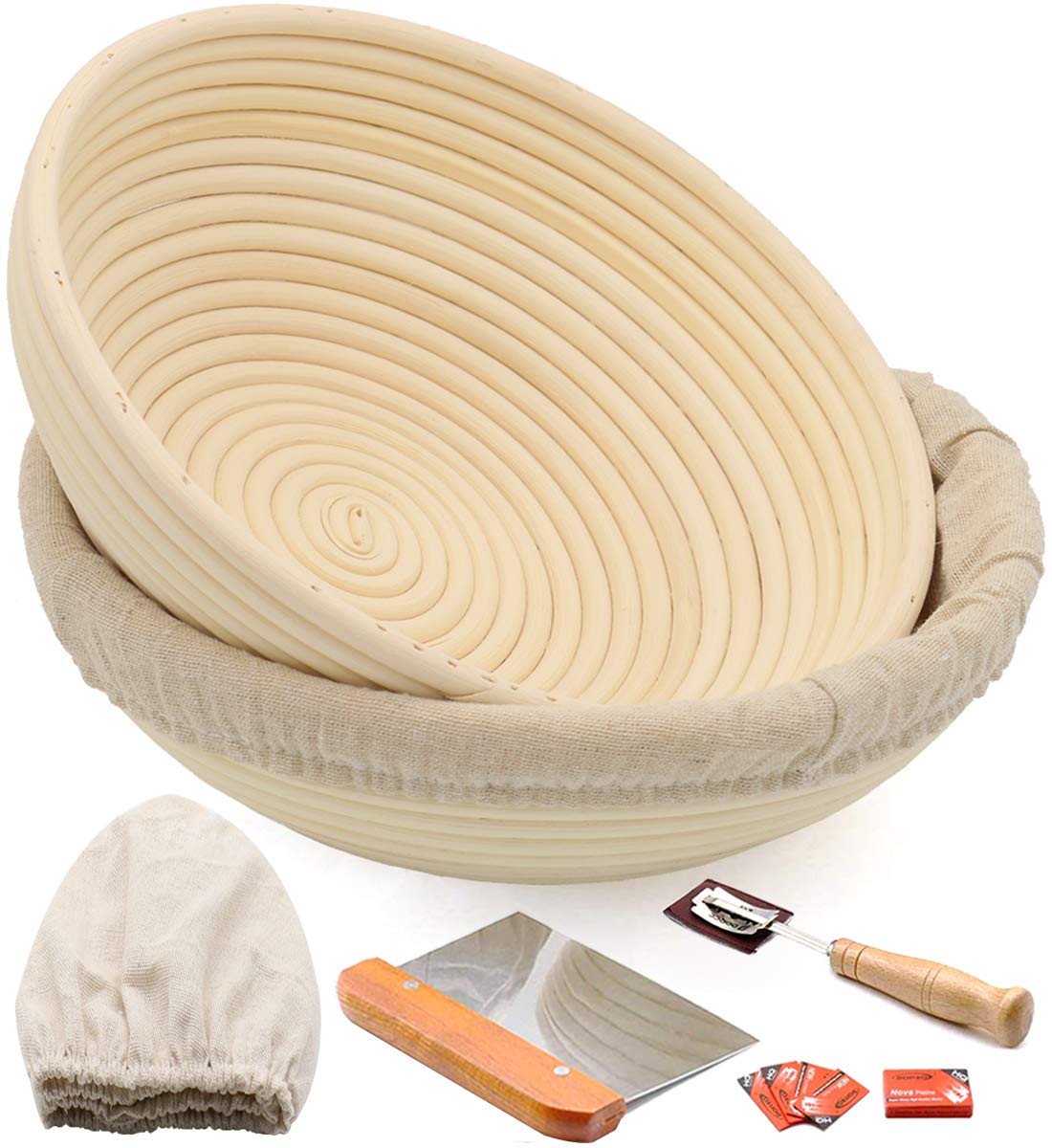 10" Round Banneton Bread Proofing Basket 2 Set, Sourdough Proofing Bowl Kit, Gifts for Artisan Bread Making Starter, Includes Linen Liner, Metal Dough Scraper, Bread Lame & Case, Extra Blades