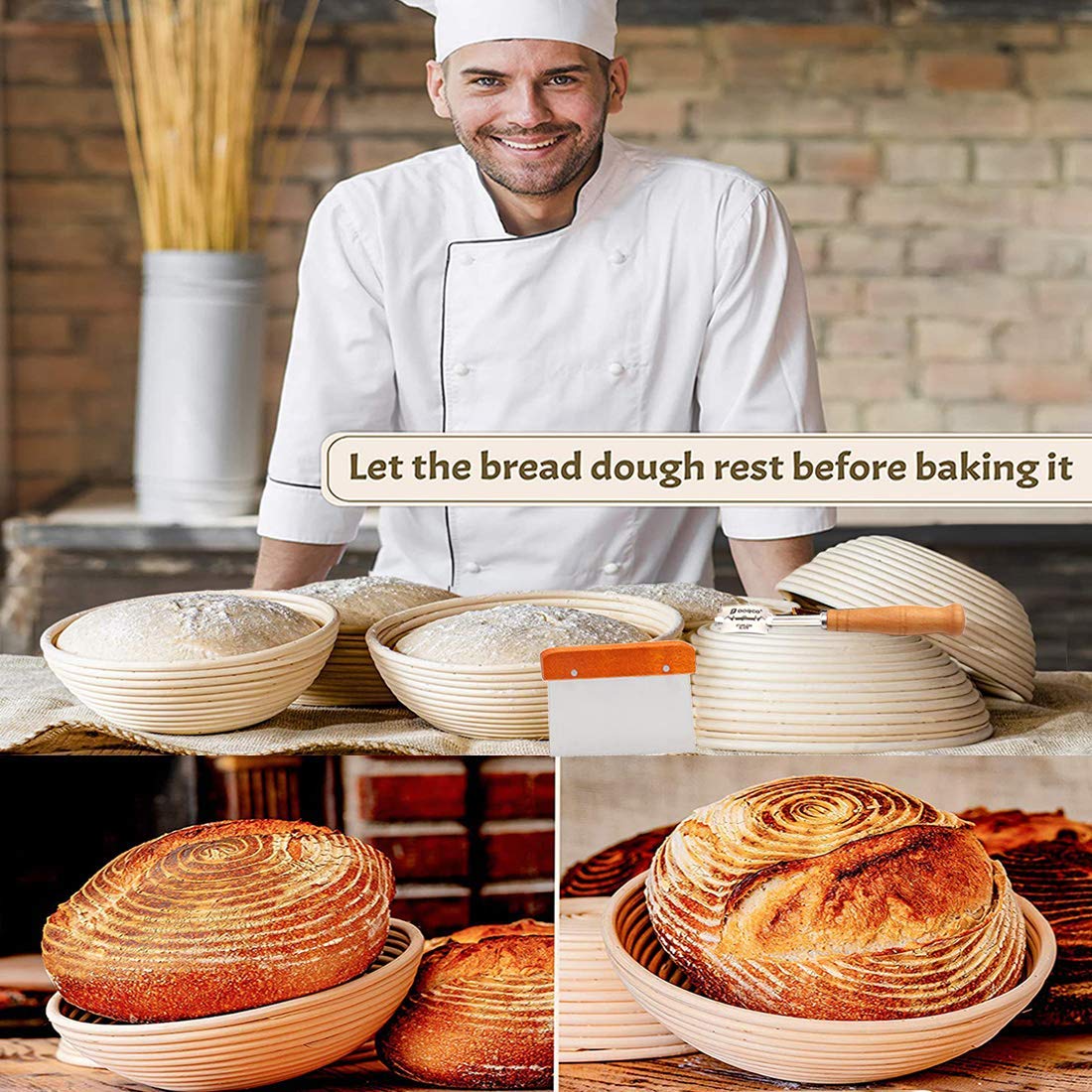 10" Round Banneton Bread Proofing Basket 2 Set, Sourdough Proofing Bowl Kit, Gifts for Artisan Bread Making Starter, Includes Linen Liner, Metal Dough Scraper, Bread Lame & Case, Extra Blades