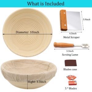 10" Round Banneton Bread Proofing Basket 2 Set, Sourdough Proofing Bowl Kit, Gifts for Artisan Bread Making Starter, Includes Linen Liner, Metal Dough Scraper, Bread Lame & Case, Extra Blades