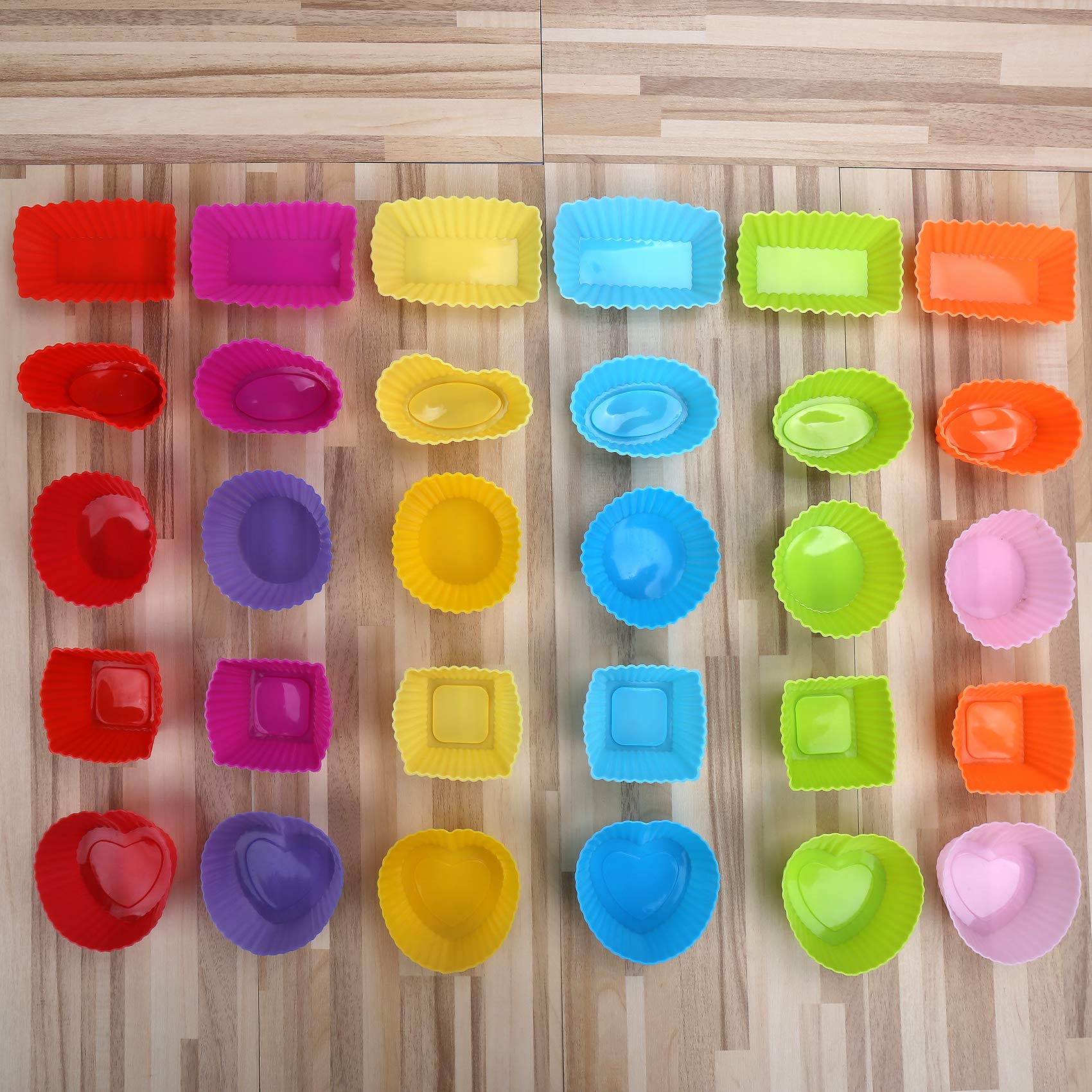 Silicone Cupcake Liners 30 Pack, Reusable Bento Box Inserts Small muffin cups, 5 Shapes 6 Color Baking Cups for Cakes, Jelly,Chocolate Shell-lined Dessert and Lunch-boxes Snacks Separator