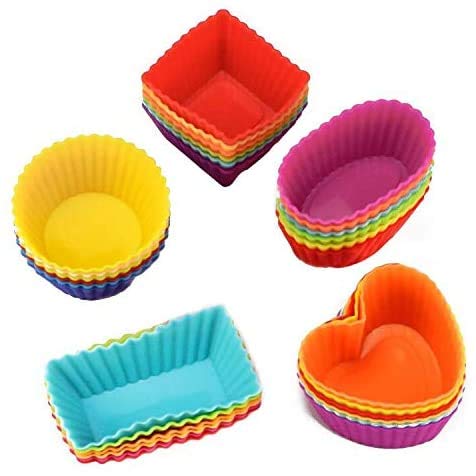 Silicone Cupcake Liners 30 Pack, Reusable Bento Box Inserts Small muffin cups, 5 Shapes 6 Color Baking Cups for Cakes, Jelly,Chocolate Shell-lined Dessert and Lunch-boxes Snacks Separator