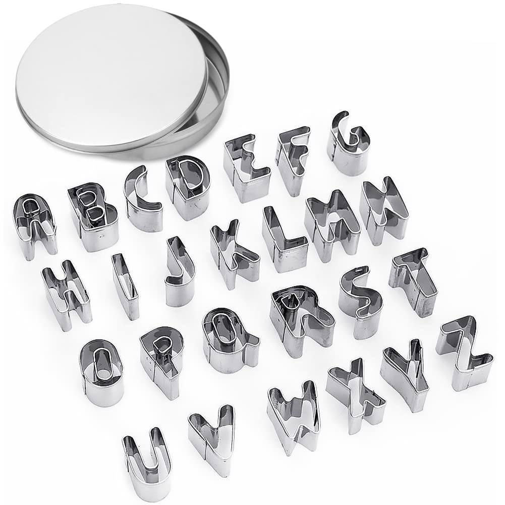 ofone Small Alphabet Cookie Cutters(A - Z), 26 Pcs Fondant Letter Cutters Stainless Steel Mini Biscuit Cutter Shapes for Baking Cakes Pastry Polymer Clay Fruits