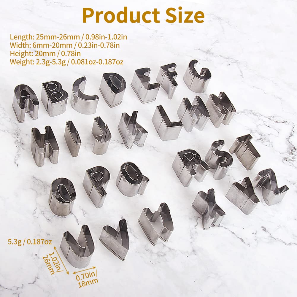 ofone Small Alphabet Cookie Cutters(A - Z), 26 Pcs Fondant Letter Cutters Stainless Steel Mini Biscuit Cutter Shapes for Baking Cakes Pastry Polymer Clay Fruits