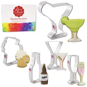 drinks and cocktails cookie cutters 5-pc. set made in the usa by ann clark, beer bottle, beer stein, margarita glass, champagne glass, and martini glass