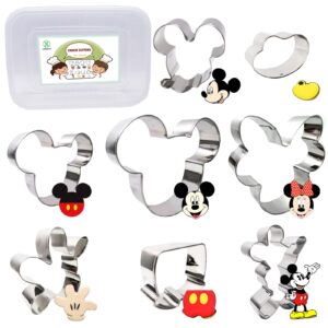 xunmeint mickey mouse cookie cutter set with storage box, mickey head, minnie, glove, shoe, shorts, mickey shapes sandwich cutter, 8 pcs diy bento lunchbox box fruit vegetable cutters for kids