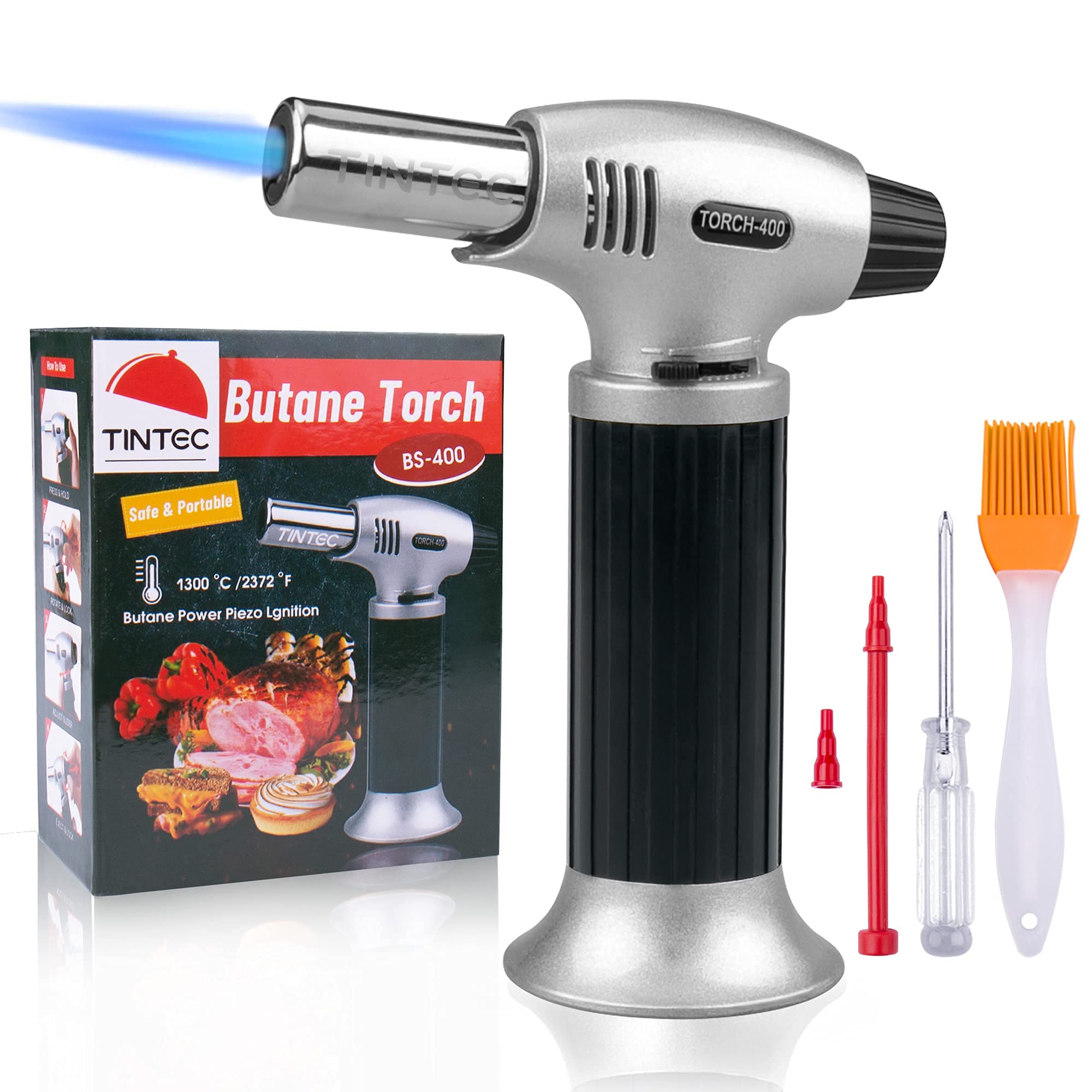 Culinary Blow Torch, Tintec Chef Cooking Torch Lighter, Butane Refillable, Flame Adjustable (MAX 2500°F) with Safety Lock for Cooking, BBQ, Baking, Brulee, Creme, DIY Soldering & more (Aluminum alloy)