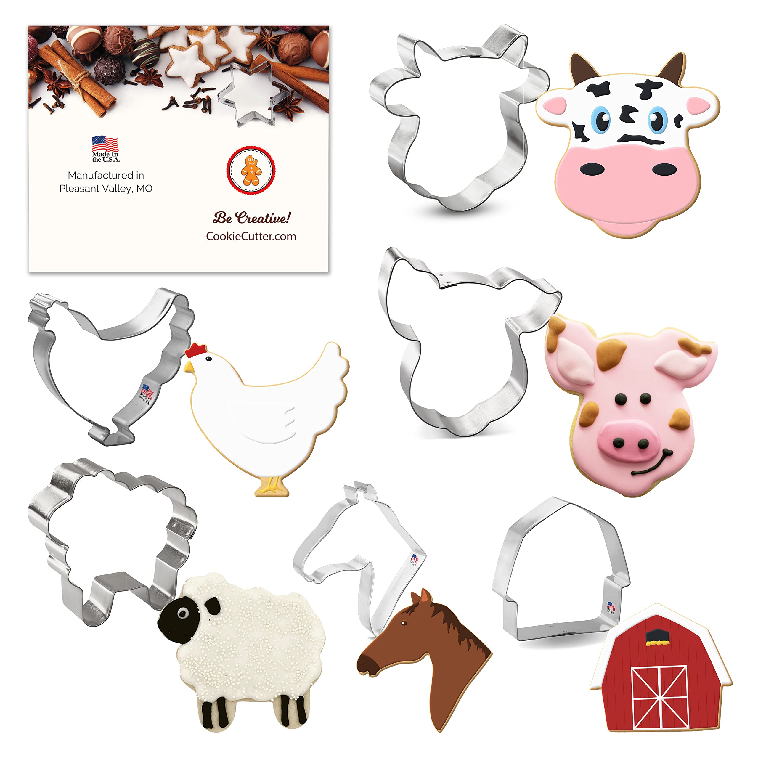 Barnyard Cookie Cutter Set 6 Pc - Fluffy Sheep 3.75 in, Chicken 3.75 in, Horse Head 3.5 in, Barn 3 in, Cow Face 4.25 in, Pig Face 4.25 in - Foose Cookie Cutters - USA Tin Plated Steel