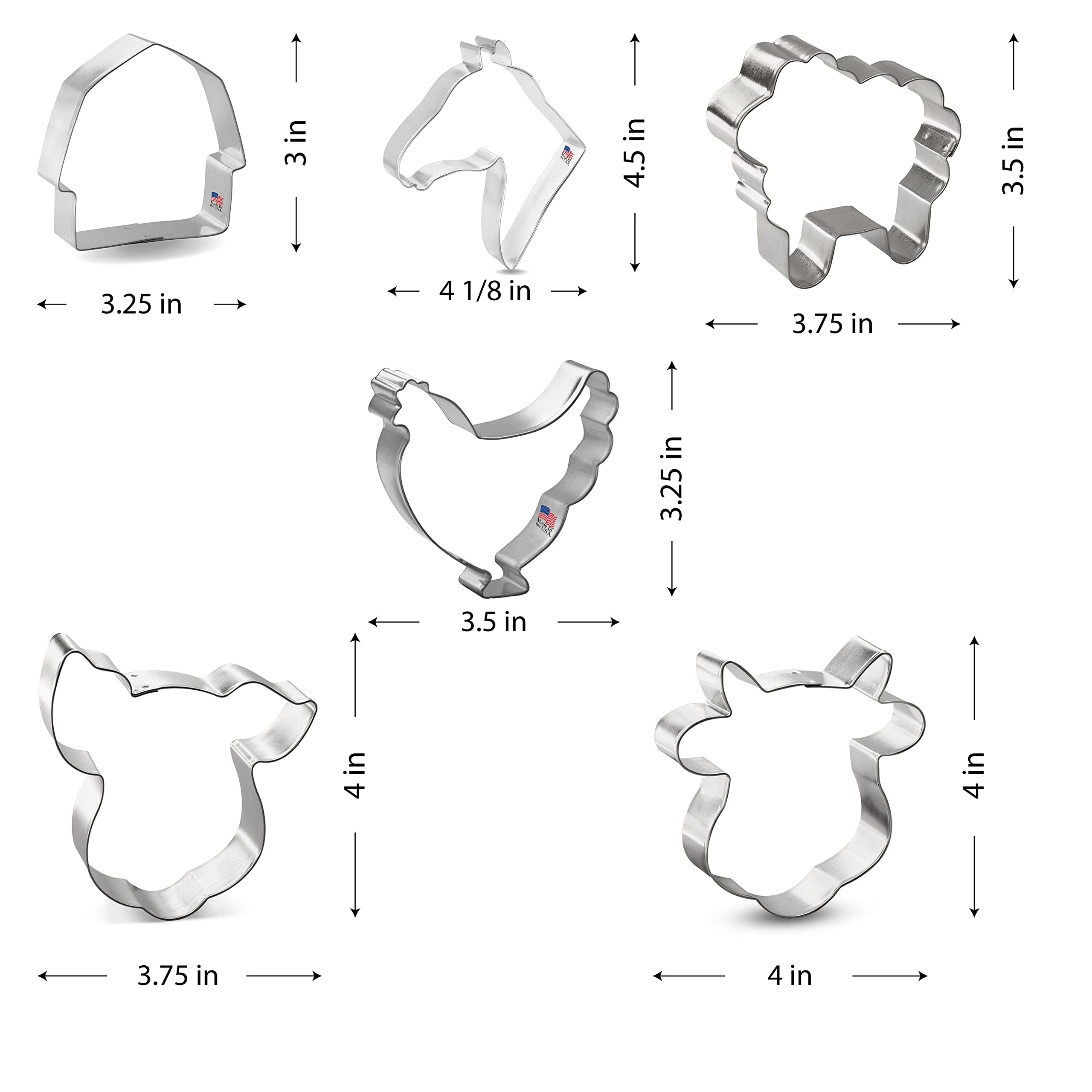 Barnyard Cookie Cutter Set 6 Pc - Fluffy Sheep 3.75 in, Chicken 3.75 in, Horse Head 3.5 in, Barn 3 in, Cow Face 4.25 in, Pig Face 4.25 in - Foose Cookie Cutters - USA Tin Plated Steel