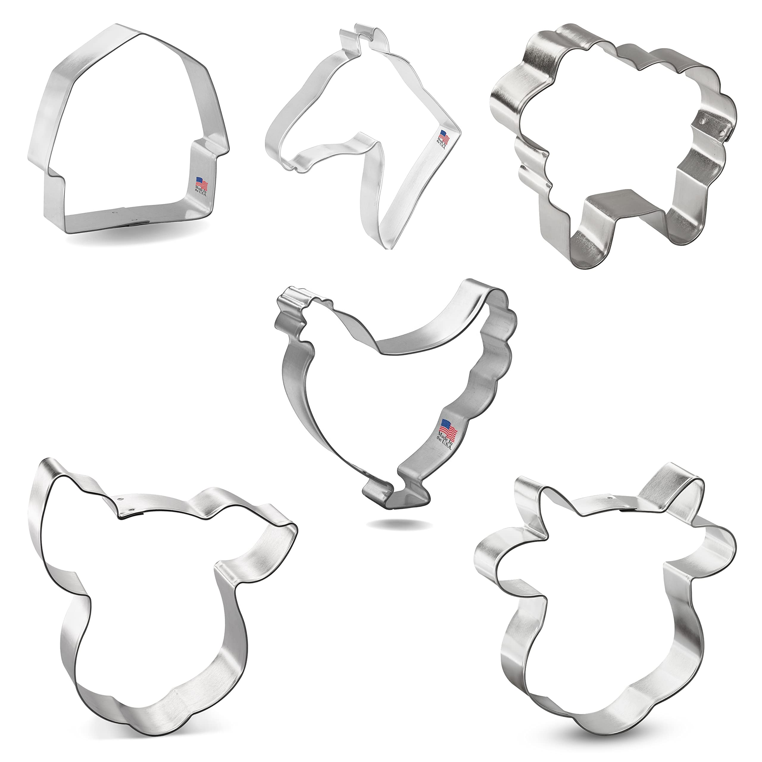 Barnyard Cookie Cutter Set 6 Pc - Fluffy Sheep 3.75 in, Chicken 3.75 in, Horse Head 3.5 in, Barn 3 in, Cow Face 4.25 in, Pig Face 4.25 in - Foose Cookie Cutters - USA Tin Plated Steel