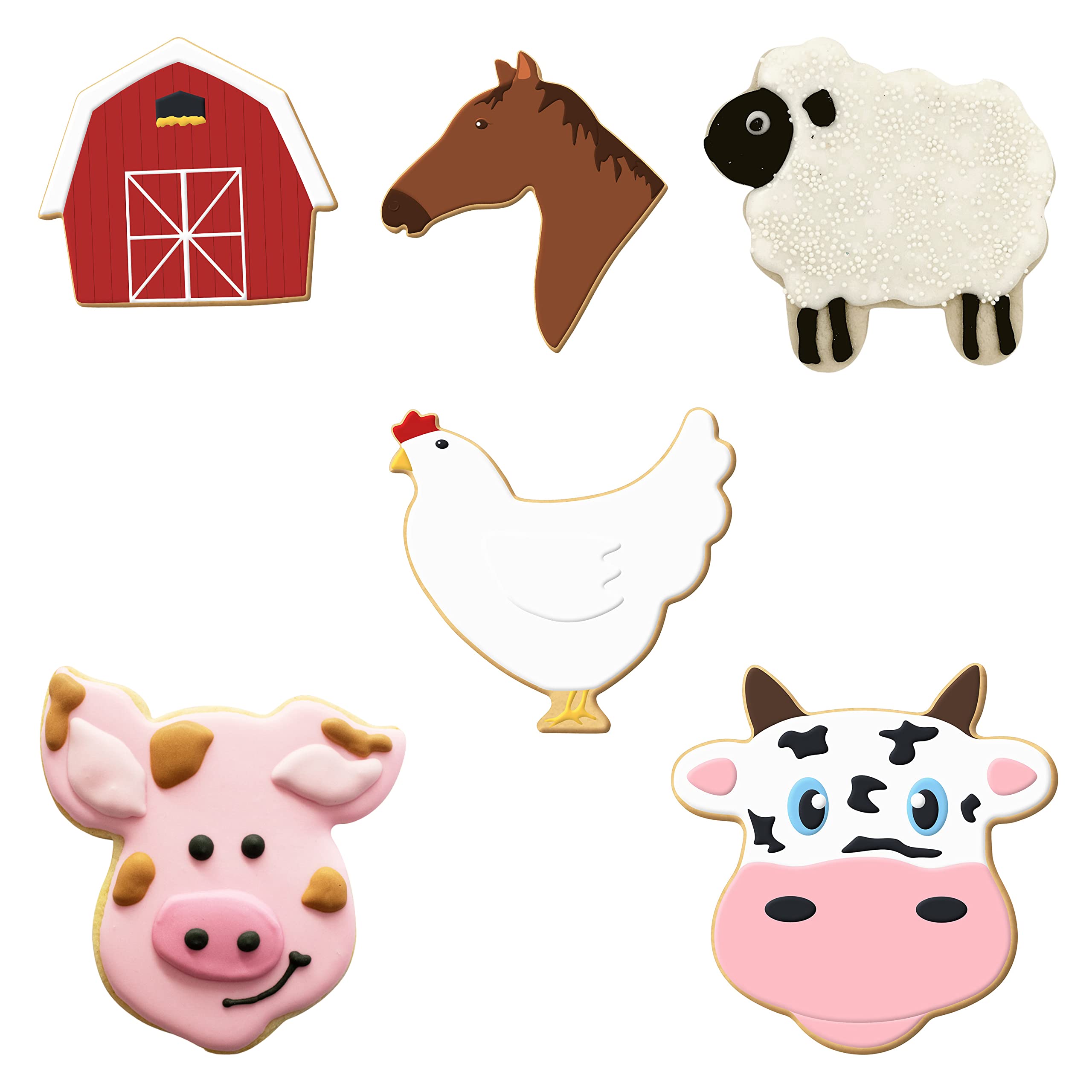 Barnyard Cookie Cutter Set 6 Pc - Fluffy Sheep 3.75 in, Chicken 3.75 in, Horse Head 3.5 in, Barn 3 in, Cow Face 4.25 in, Pig Face 4.25 in - Foose Cookie Cutters - USA Tin Plated Steel