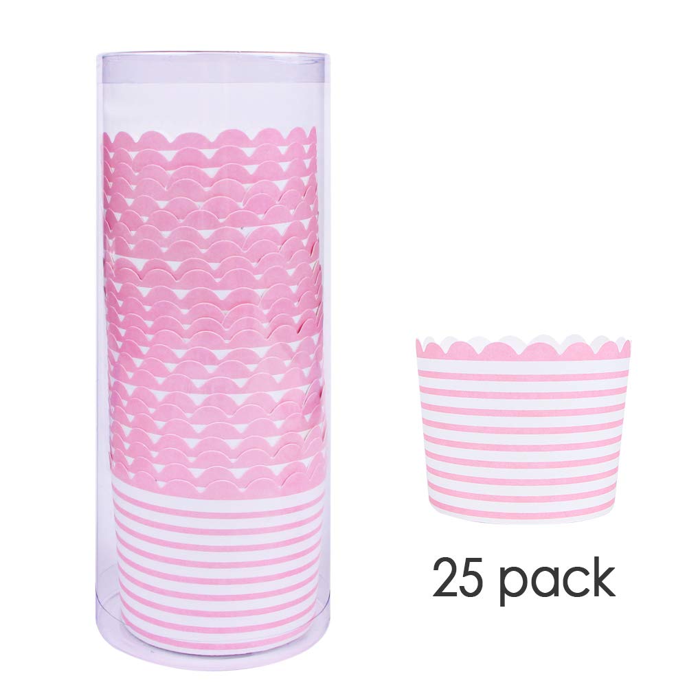 Webake Full Size Paper Baking Cups, 6oz Pink Cupcake Liners for Cupcake Bath Bomb, Muffin Case, Great for Valentine's Day Cupcake Baking Decoration Set of 25 (Pink Stripe)