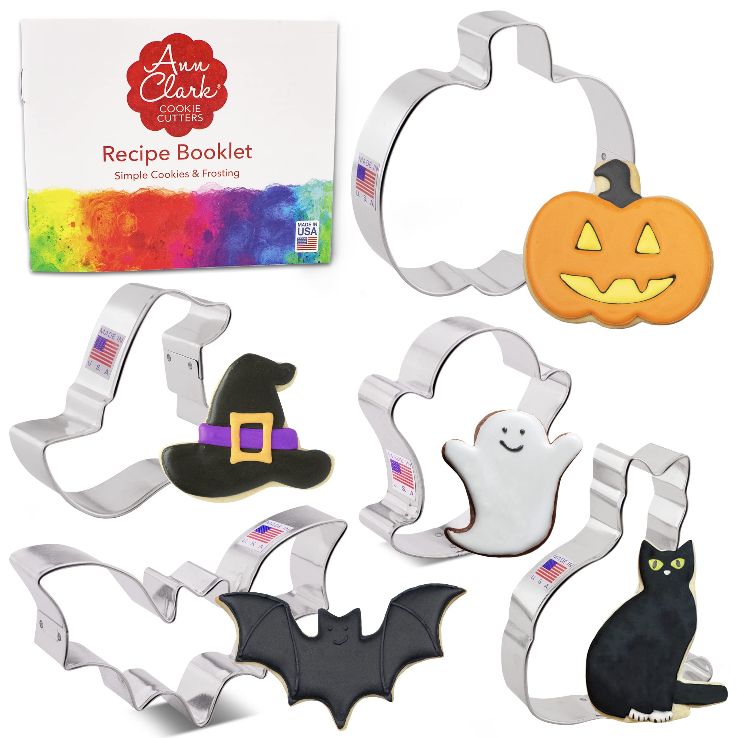 Halloween Cookie Cutters Premium 5-Pc. Set Made in USA by Ann Clark, Pumpkin, Ghost, Bat, Black Cat, Witch Hat