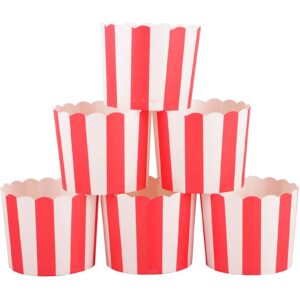 webake 50pcs full size 6oz paper baking cups red cupcake liners paper snack cups for popcorn cupcake muffin case cupcake bath bomb, for valentine's day movie party decorations set of 50 (red stripe)