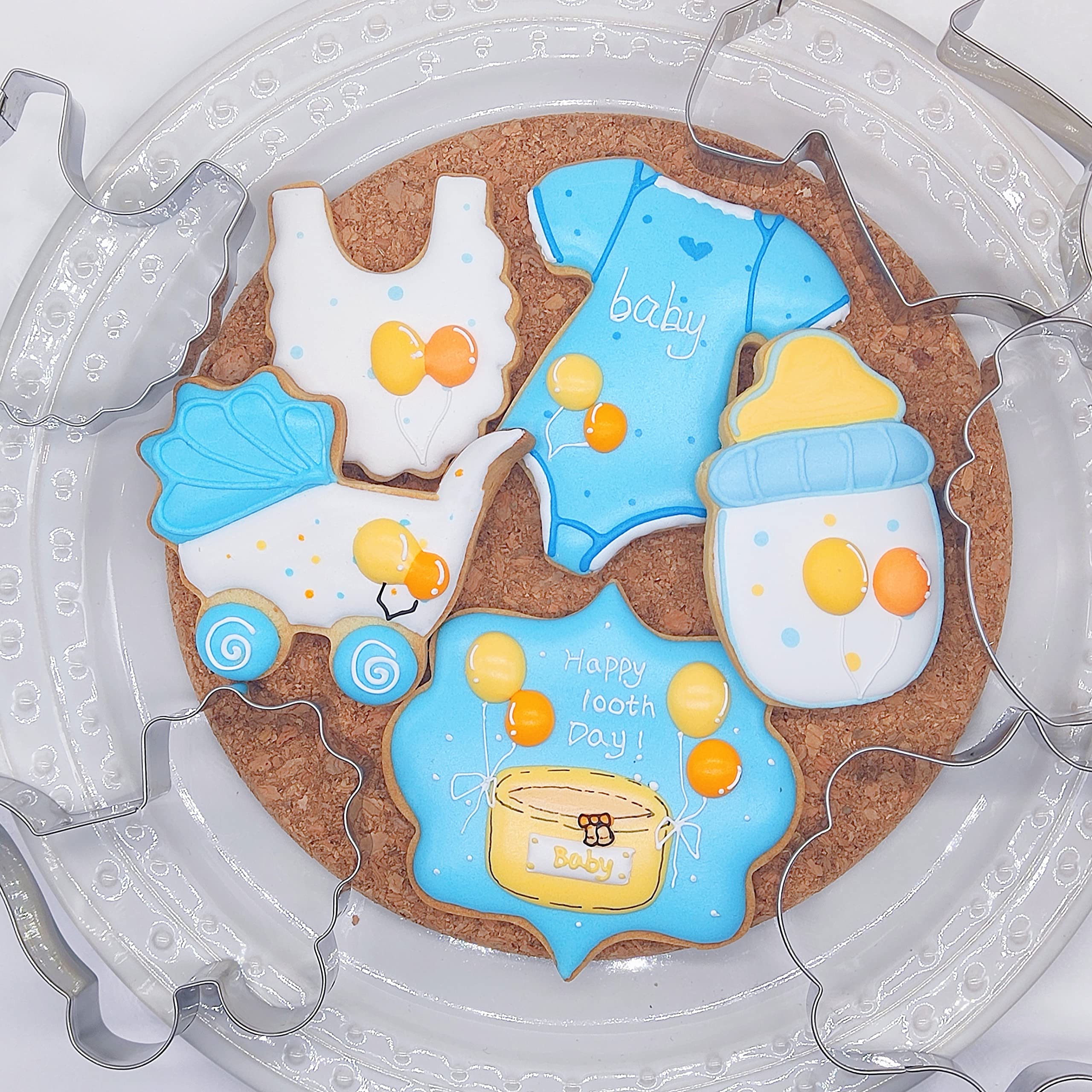 5 Pieces Baby Shower Cookie Cutters,Cute Shapes of Onesie, Bib, Plaque/Frame,Baby Bottle, Baby Carriage for Baby Showers, Reveal Parties with Receipe Book