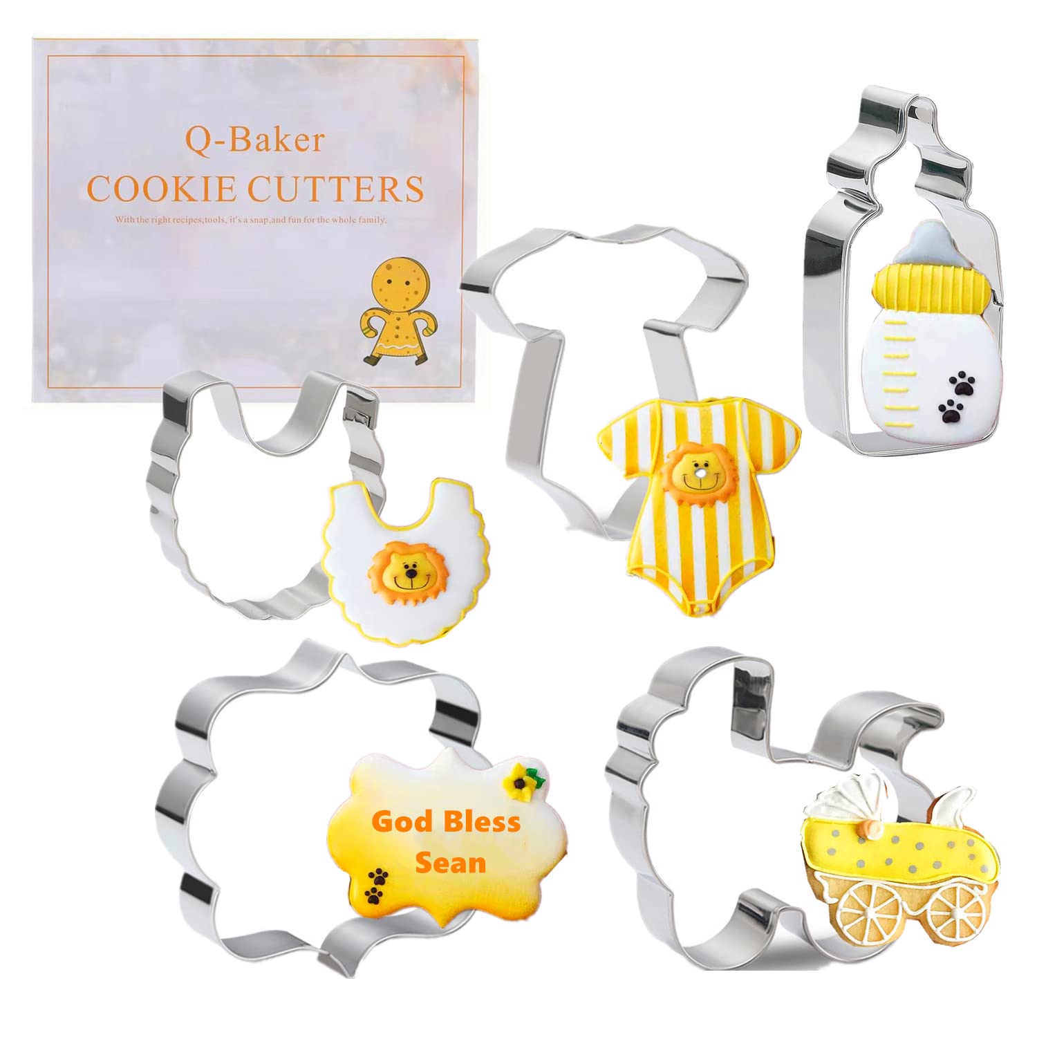 5 Pieces Baby Shower Cookie Cutters,Cute Shapes of Onesie, Bib, Plaque/Frame,Baby Bottle, Baby Carriage for Baby Showers, Reveal Parties with Receipe Book