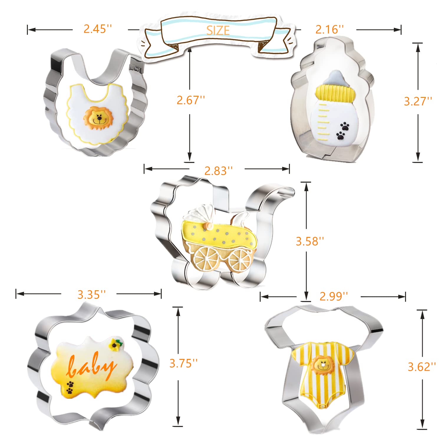 5 Pieces Baby Shower Cookie Cutters,Cute Shapes of Onesie, Bib, Plaque/Frame,Baby Bottle, Baby Carriage for Baby Showers, Reveal Parties with Receipe Book