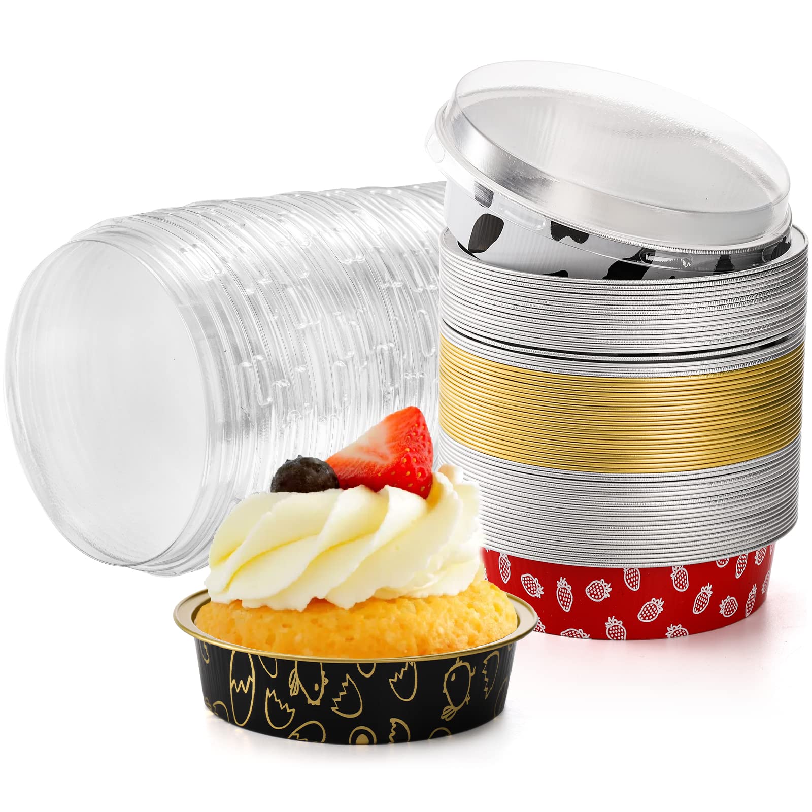 Lyellfe 60 Pack Aluminum Foil Baking Cups with Lids, 6 Oz Foil Baking Cups, Disposable Aluminum Muffin Dessert Cups for Pudding, Souffle, Creme Brulee, Ramekins, Wedding, Party and Holidays