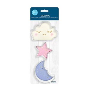 r & m international 5208 celestial cloud, star, man in the moon, 3-piece cookie cutter set, silver