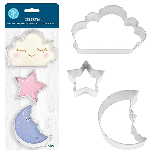 R & M International 5208 Celestial Cloud, Star, Man in The Moon, 3-Piece Cookie Cutter Set, Silver