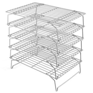 leonyo cooling baking rack 5-tier stackable stainless steel wire baking cooking racks set for cookie, pizza, cup cake, raised & folding feet, oven safe & dishwasher safe, rust-resistant - 15’’ x 10’’