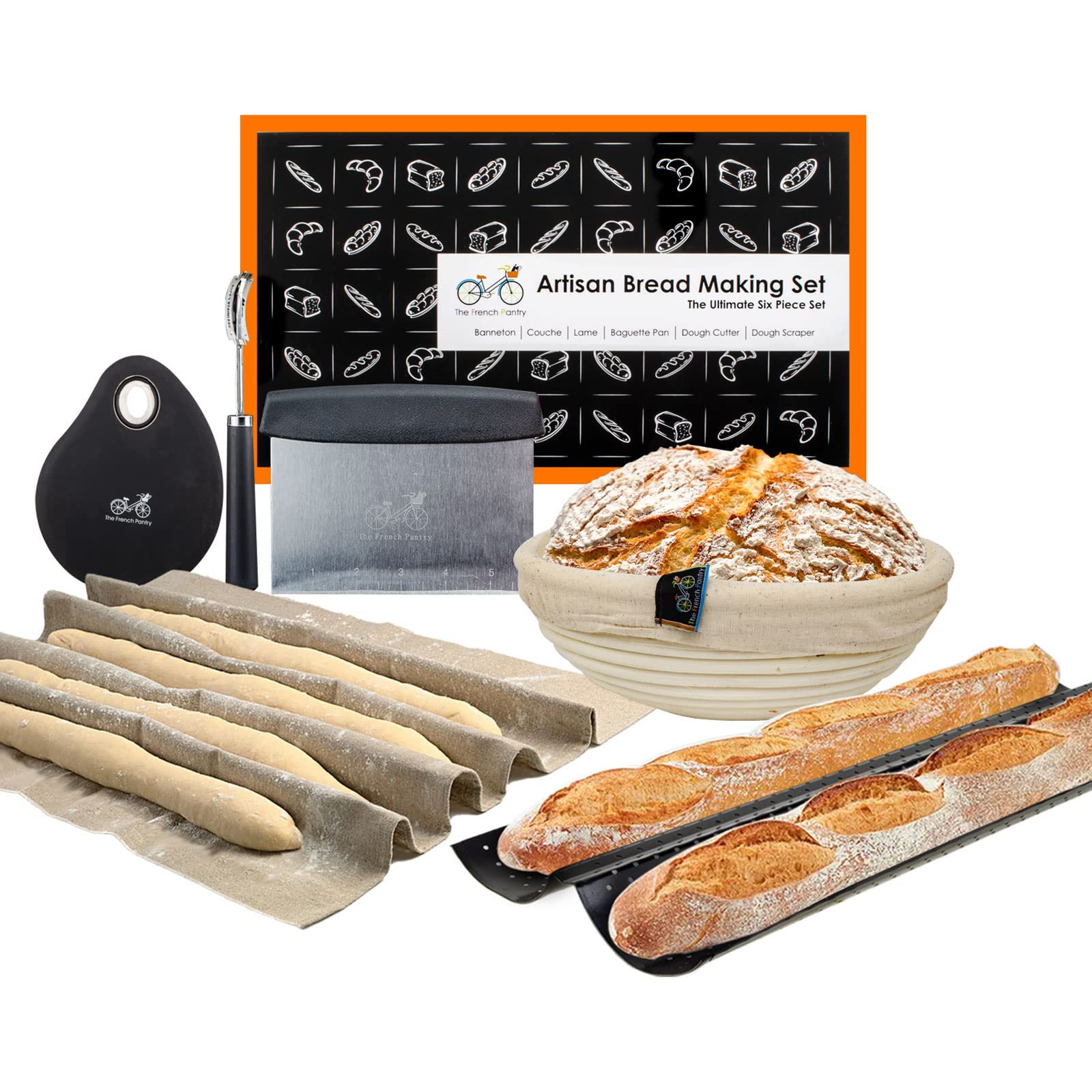 Bread Banneton Proofing Basket Artisan Baking Kit Gift Set | 9" Banneton Bread Proofing Basket | 2 Baguette Baking Pan | Bread Lame | Flax Linen Couche | Dough Scraper | Dough Cutter