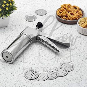 Yellow Leaf Products Stainless Steel Kitchen Press with 15 Different Types of Jalies, मखनी मुरुक्कू Maker/Bhujiya Maker/Noodles/Murukku/Cookies/chakli/Namkeen/Sev Maker (Steel, Stainless Steel)