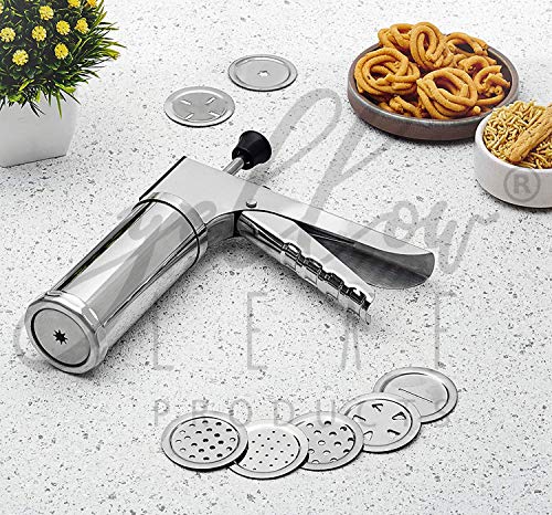 Yellow Leaf Products Stainless Steel Kitchen Press with 15 Different Types of Jalies, मखनी मुरुक्कू Maker/Bhujiya Maker/Noodles/Murukku/Cookies/chakli/Namkeen/Sev Maker (Steel, Stainless Steel)