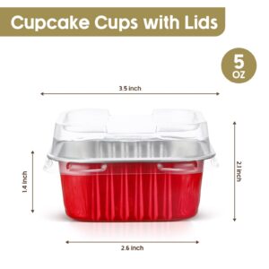 Mimorou 100 Pcs Valentine's Day Red Aluminum Foil Baking Cups with Lids 5oz Baking Liner Cups Disposable Ramekin Muffin Cups Desserts Cupcake Container for Party Holiday Celebration