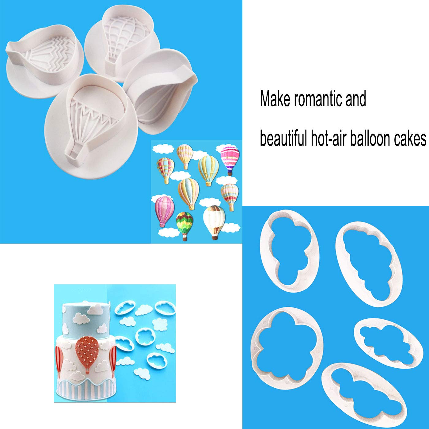 9Pcs Balloons and Cloud Cake Decoration Fondant Mold Set Hot Air Balloon Cookie Cutters for Chocolate Candy Baking Pastry Cookie Sugar Craft