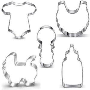 kanntie 5-piece baby shower cookie cutter set, bib, bottle, rattle, onesie and baby carriage