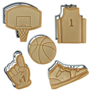 moose goods basketball cookie cutter set of 5 - sports cookie cutters shapes & stamp, basketball jersey cookie cutter for diy baking supplies - basketball shirt cookie cutter & sneaker cookie cutter