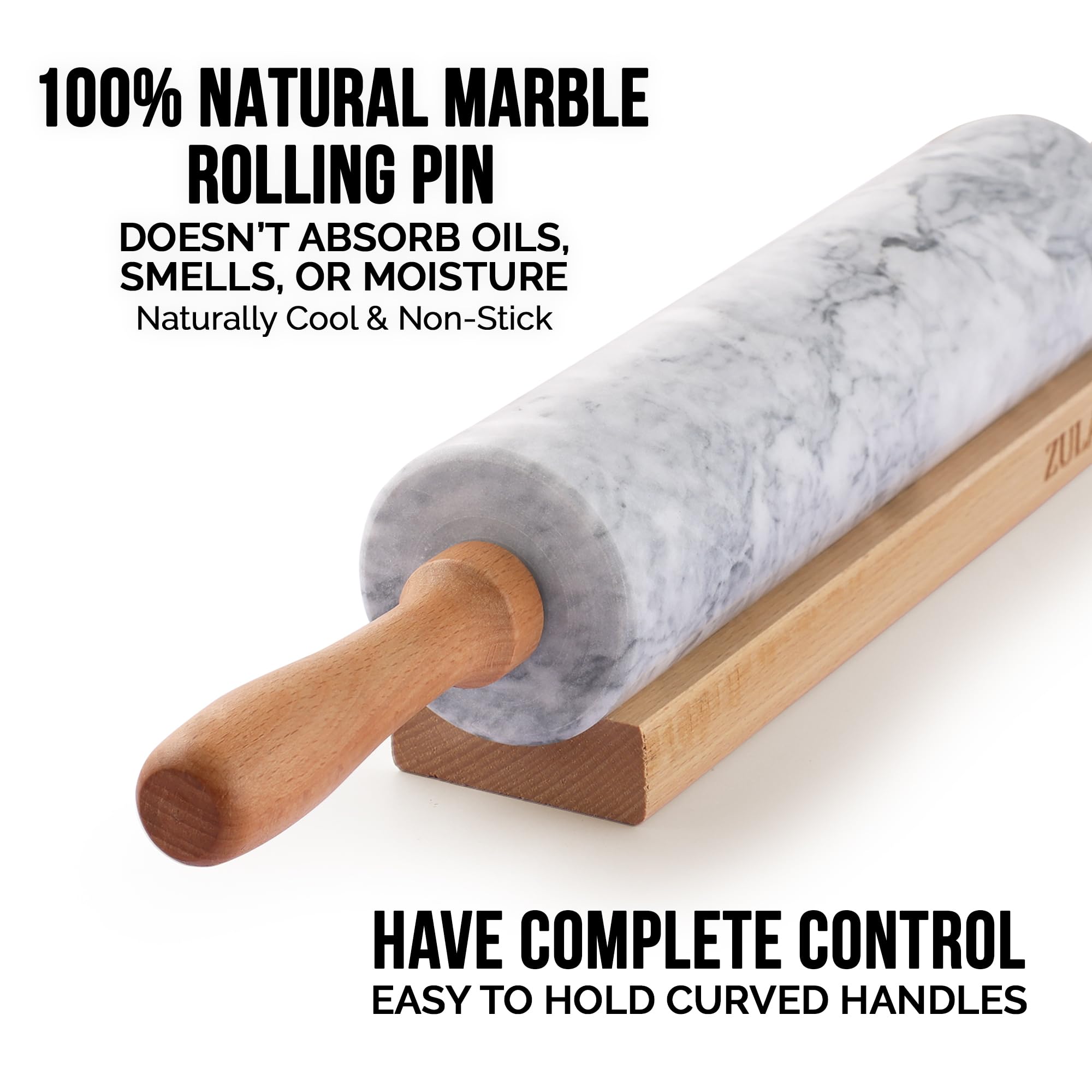 Zulay Kitchen 17-Inch Marble Rolling Pin With Stand - Polished Marble Rolling Pins For Baking - Long Rolling Pin Marble With Beechwood Handle - Non-stick Roller Pin For Baking Pastries, Bread & Pizza