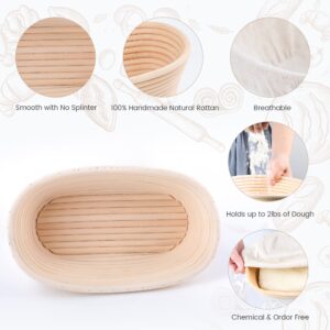 Komiikka Banneton Bread Proofing Baskets Set of 2, 10 inch Oval Proofing Baskets for Sourdough Bread Baking with Liner Scoring Lame Metal Scraper, Gifts for Bakers